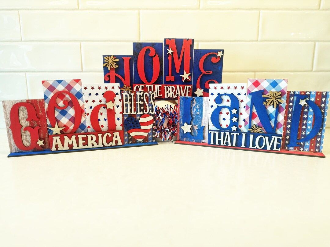 Patriotic Word Block DIY Kit – Farmhouse Shelf Sitters | God Bless ...