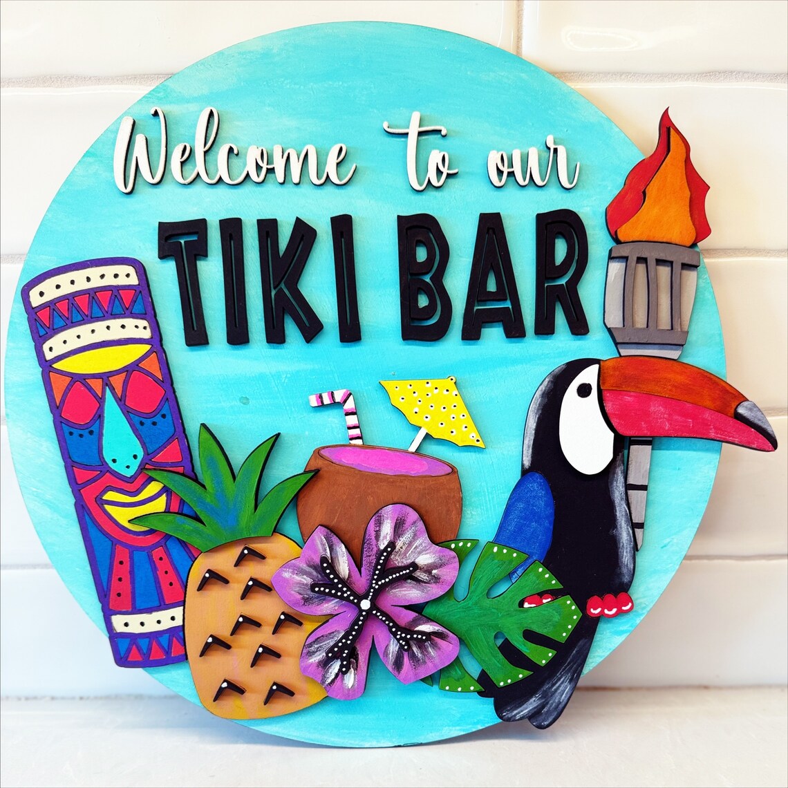 Welcome to Our Tiki Bar Tiki Bar Door Hanger Round Laser Wood Cutout ...