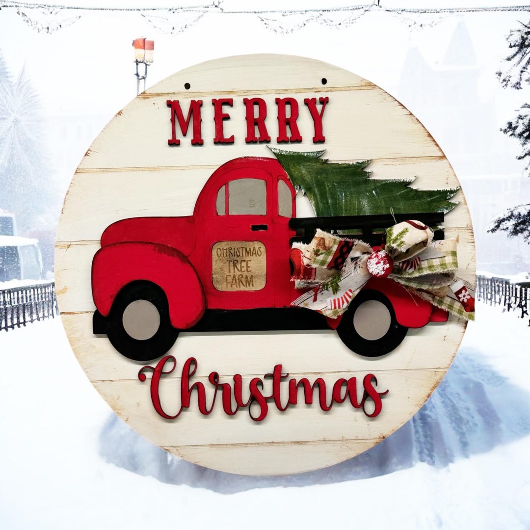 Merry Christmas Tree Farm Truck Door Hanger Round Laser Wood Cutout DIY ...