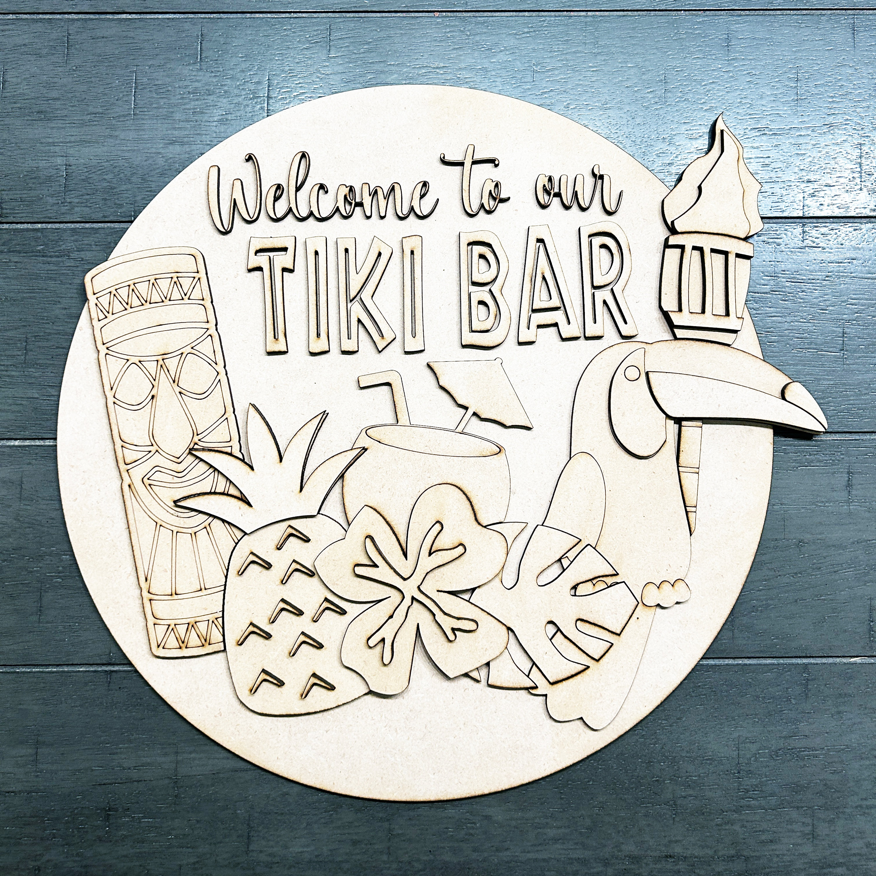 Welcome to Our Tiki Bar Sign Kit | DIY Tropical Round Door Hanger ...