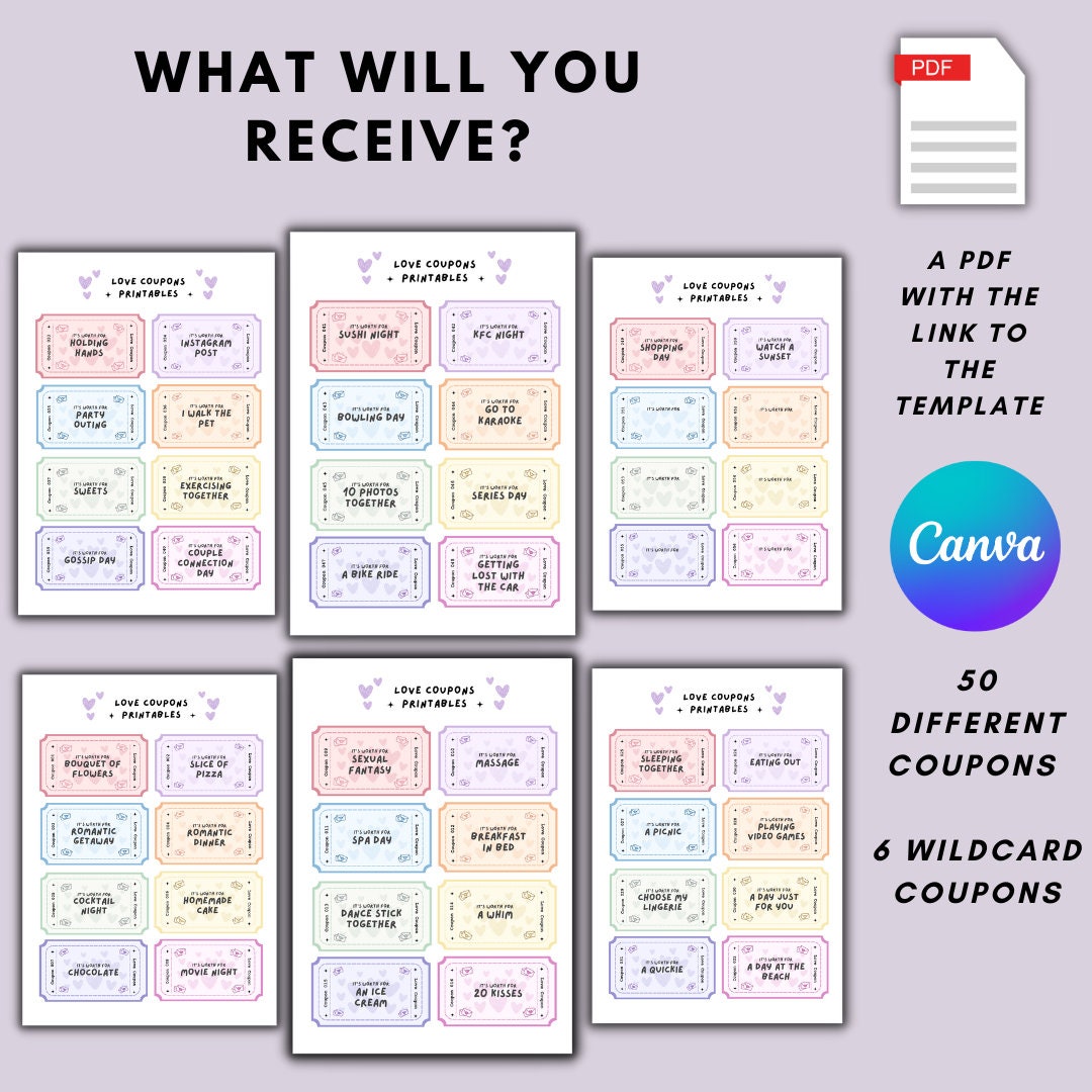 50 Couple Coupons, Editable, Printable, Gift Coupons, Anniversary ...