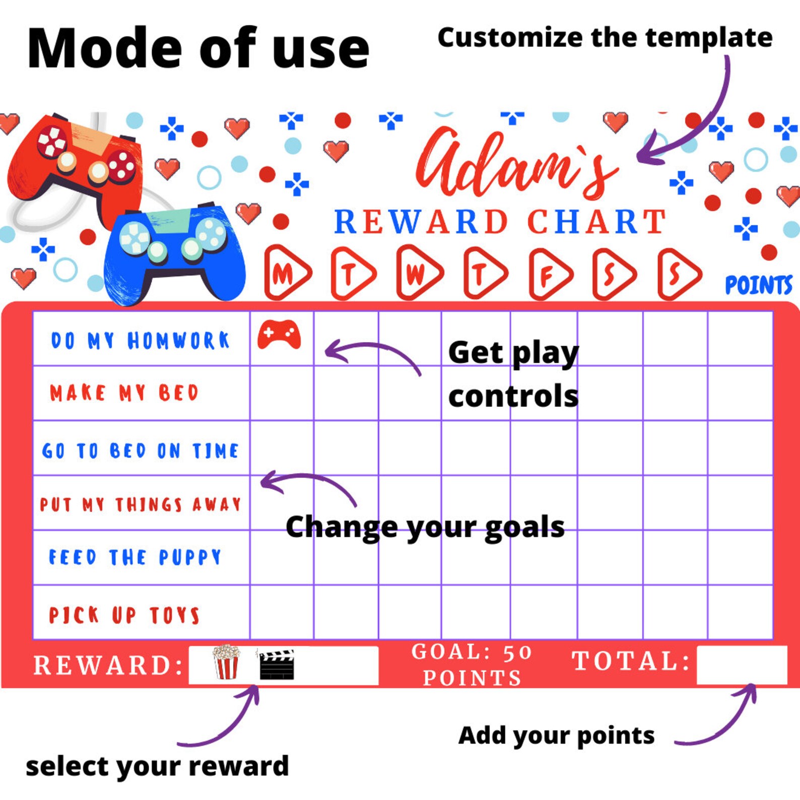 EDITABLE Video Game Reward Chart, Chore Chart, Behavior Chart, Boys ...