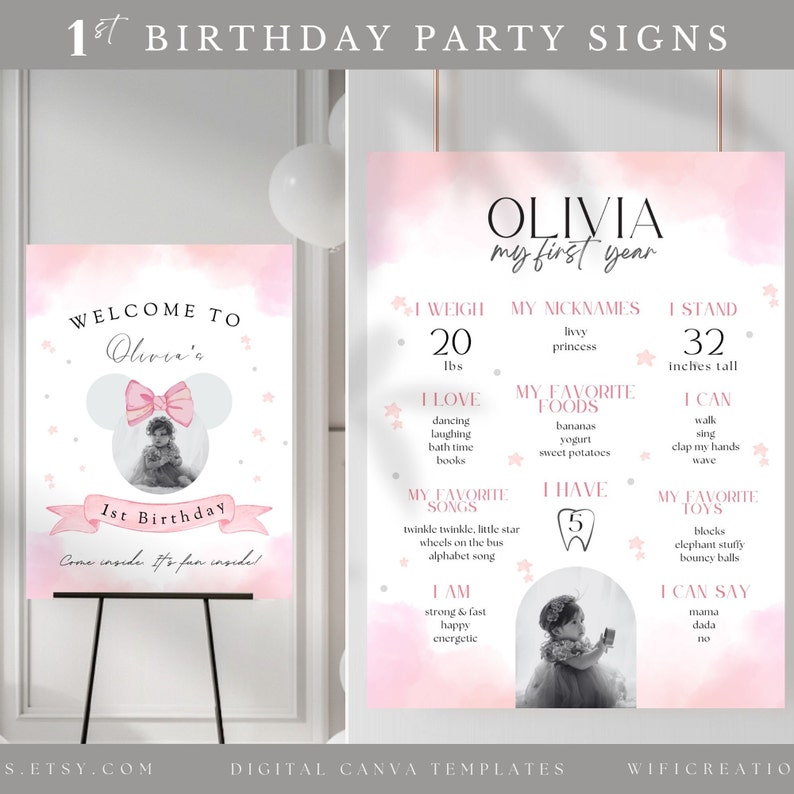 Minnie Mouse First Birthday Party Signs, Welcome Sign, 1st Year Sign ...