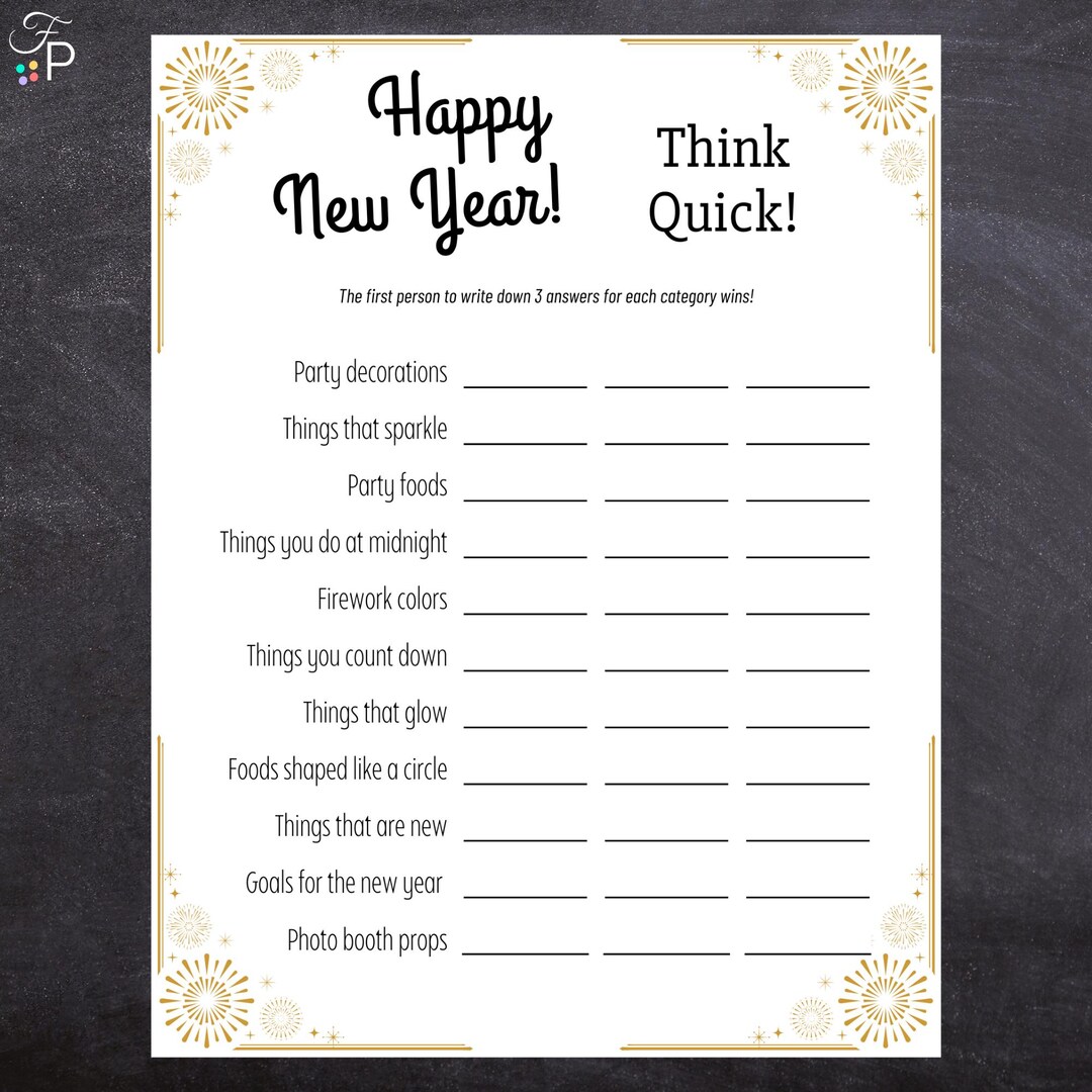 New Year's Eve Think Quick Game | Printable New Year Party Game for ...