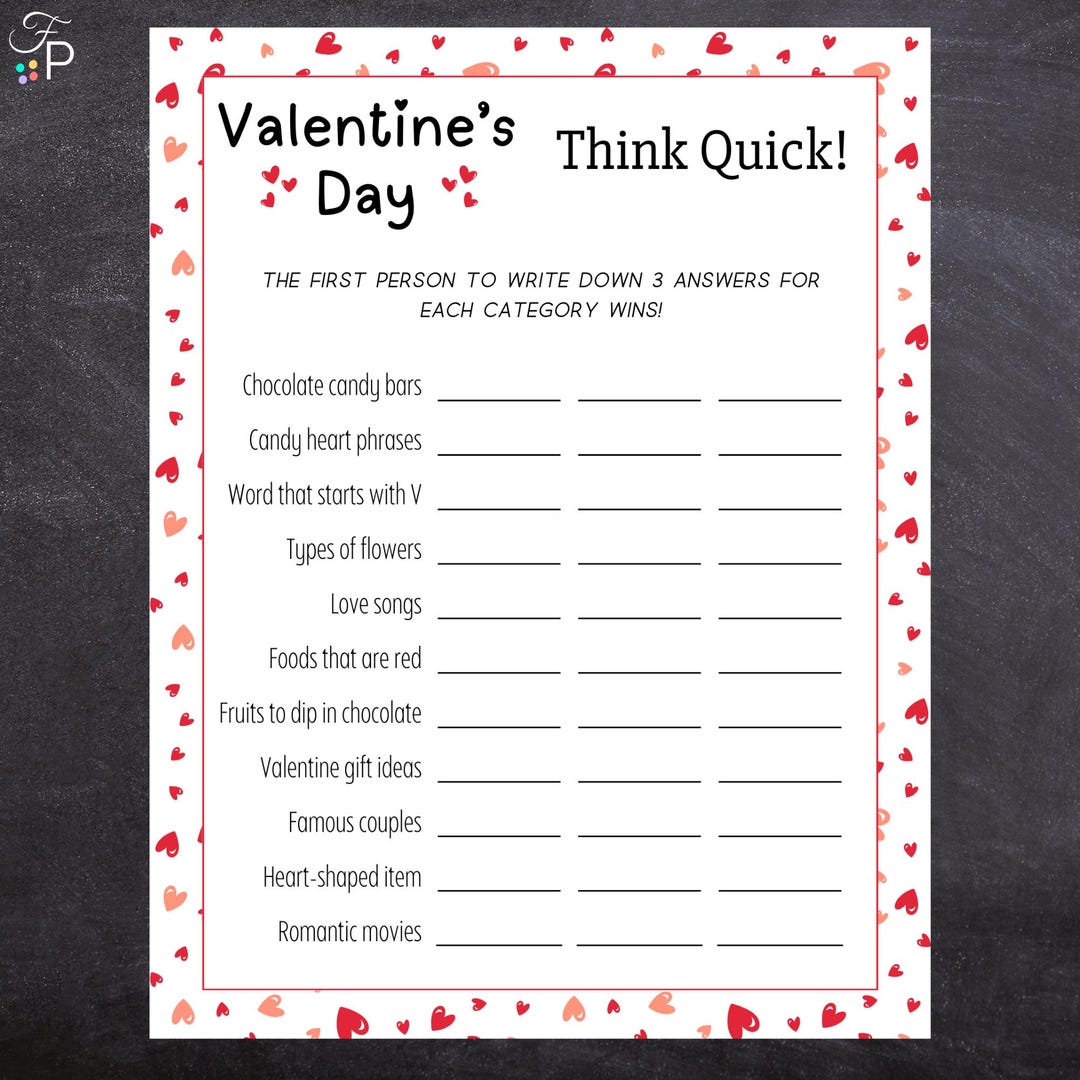 Valentine Think Quick Game | Printable Valentine Party Game for Groups ...