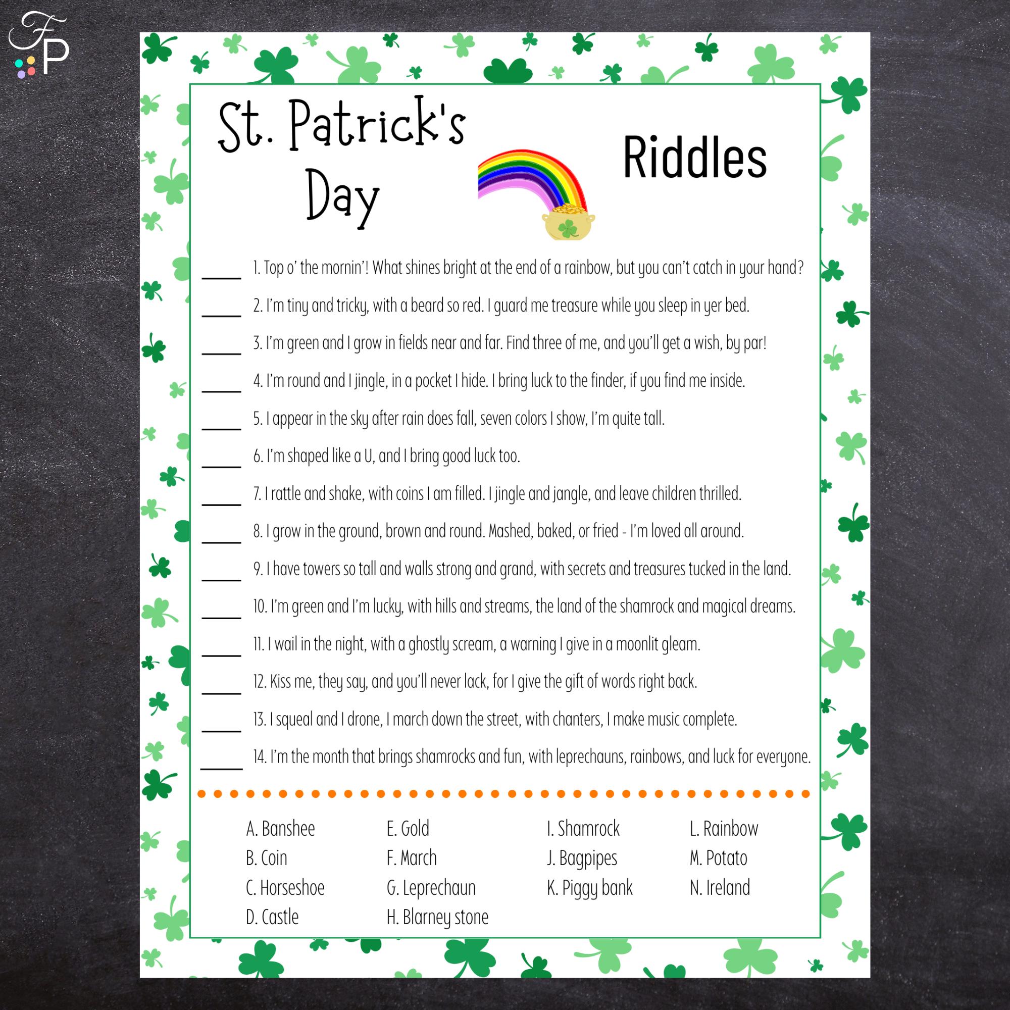 St Patrick's Day Riddles | Printable St. Patrick's Day Party Game for ...