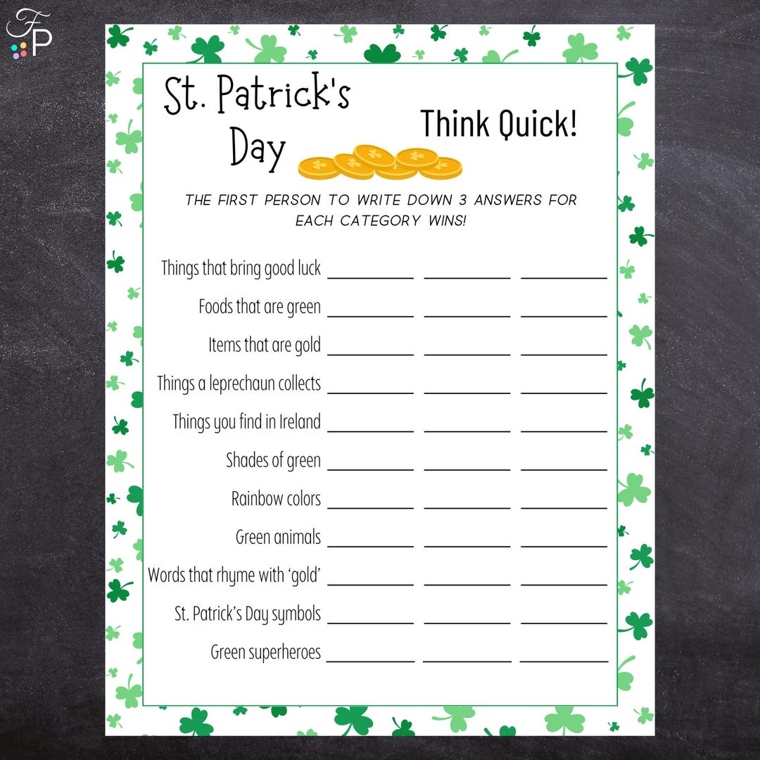 St Patrick's Day Think Quick Game | Printable St. Patrick's Day Party ...