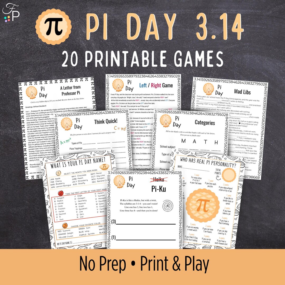 Pi Day Game Bundle - 20 Printable Games for Classroom Parties Easy No ...