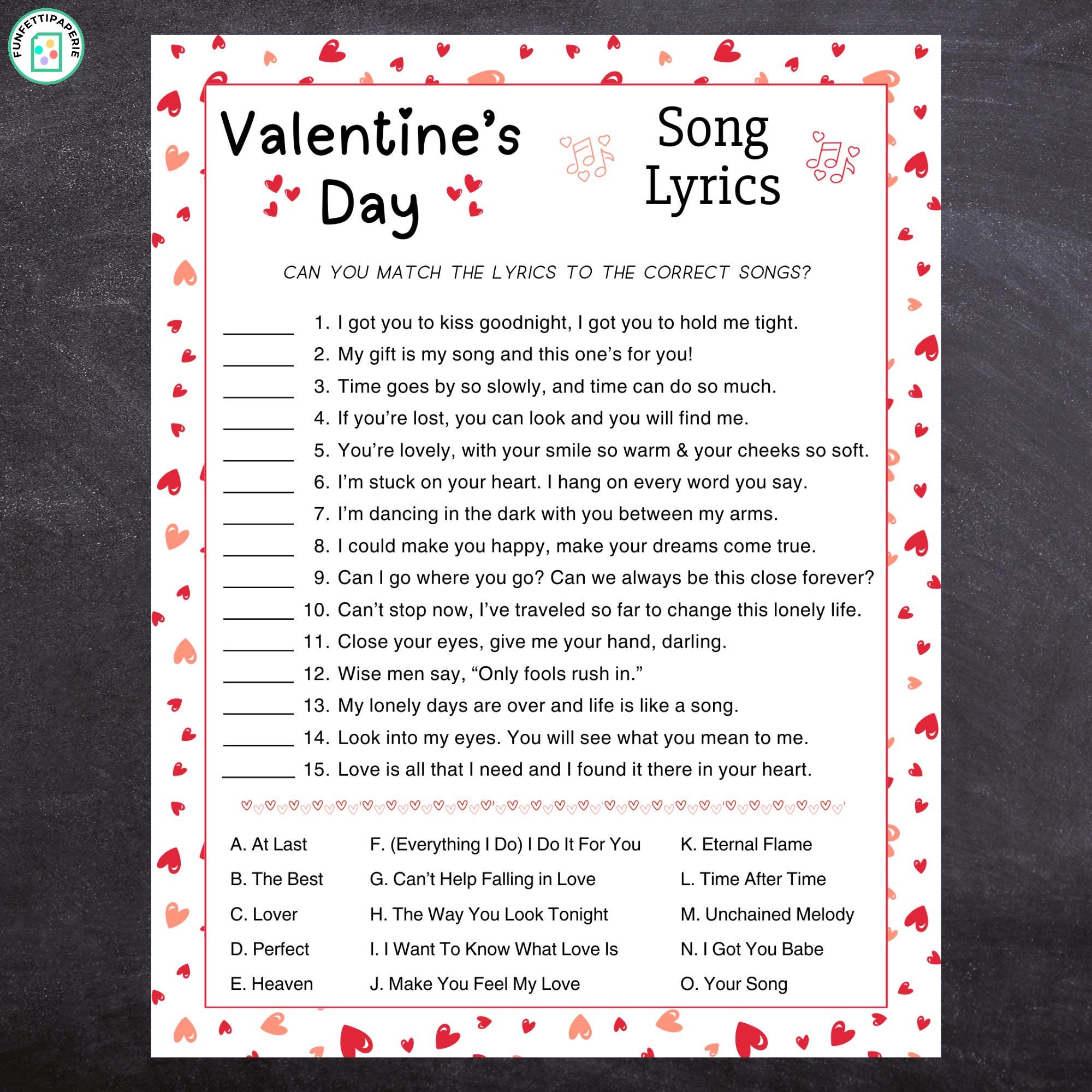 Valentine Song Lyrics Game Printable | Love Song Quiz | Valentine's Day ...