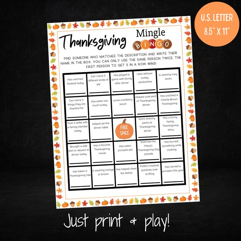 Thanksgiving Mingle Bingo | Find the Guest Party Game (printable PDF ...