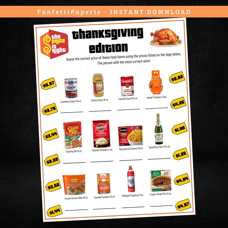 Thanksgiving Price is Right | Party Game for Groups (printable PDF) - Etsy