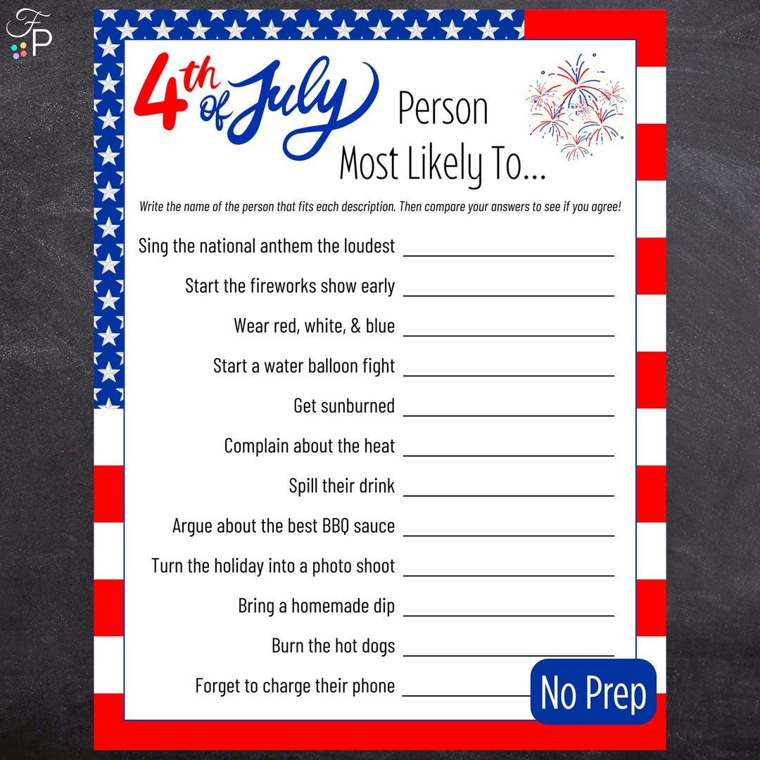 4th of July Person Most Likely to Game - No Prep Printable Party Game ...