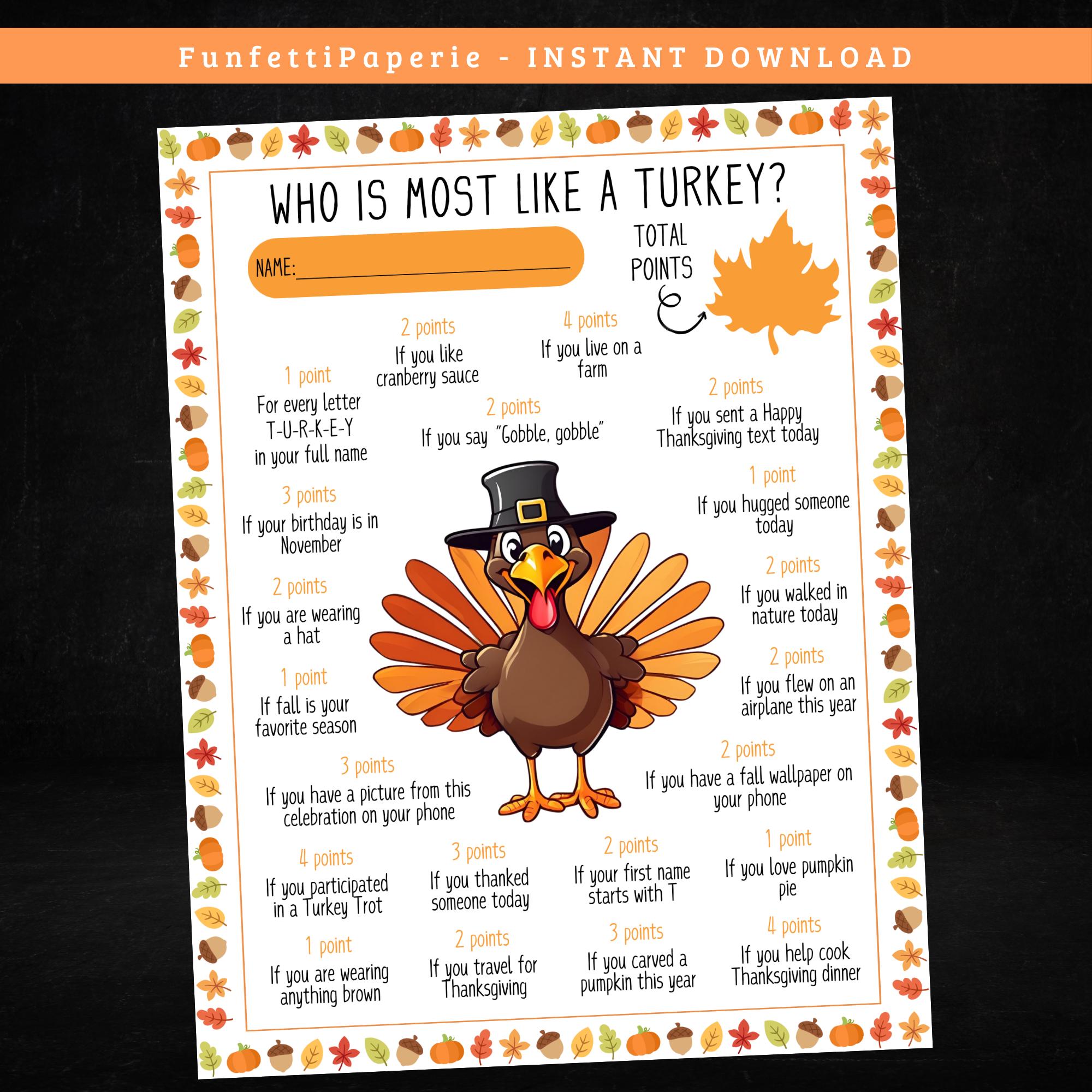 Who is Most Like a Turkey | Thanksgiving Party Game (printable PDF) - Etsy