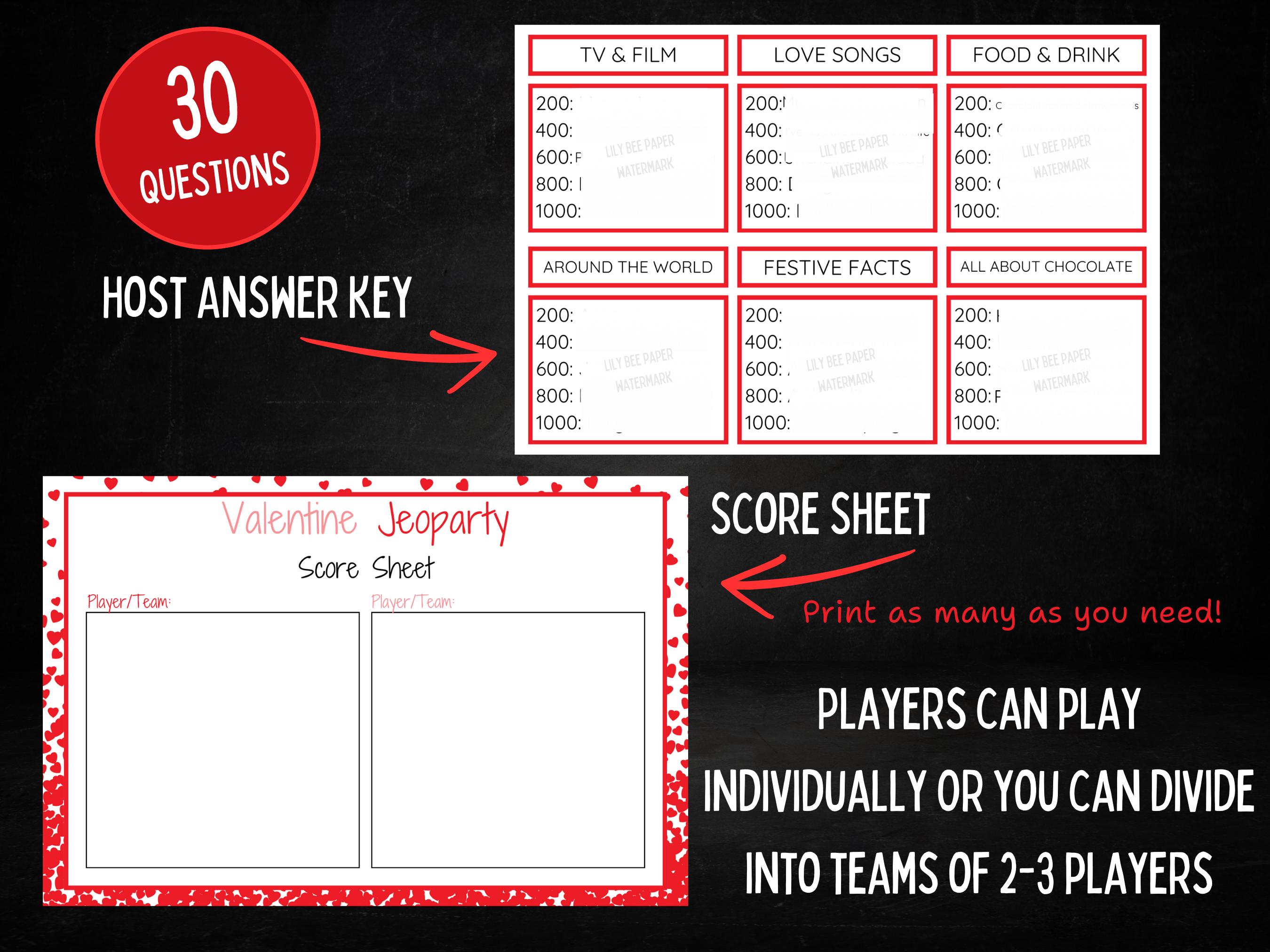 Valentine's Day Jeoparty Game, Printable Valentine Party Game for Teens ...