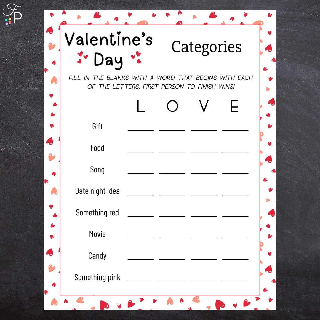 Valentine Categories Word Game | Printable Party Game | Fun Activity ...
