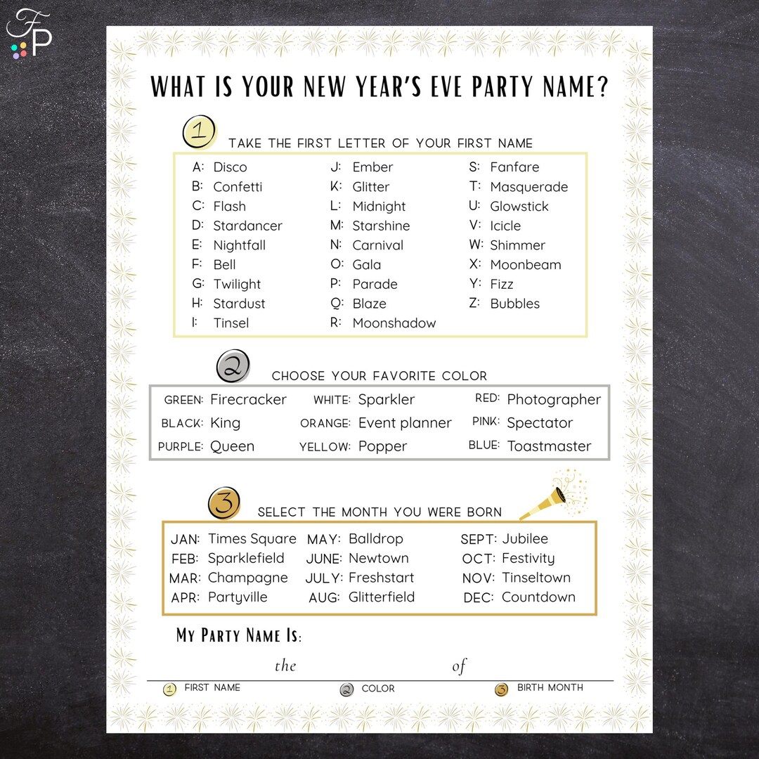 New Year's Eve What is Your Party Name | Printable New Year Party Game ...