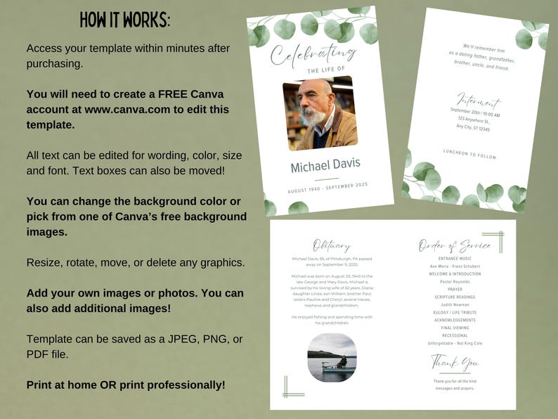 Greenery Funeral Program Template, Editable Foldable Funeral Memorial ...