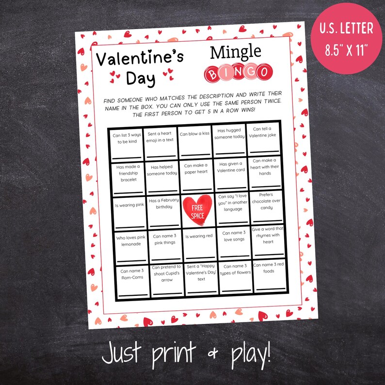 Valentine Mingle Bingo Printable | Find Someone Who Game | Valentine's ...