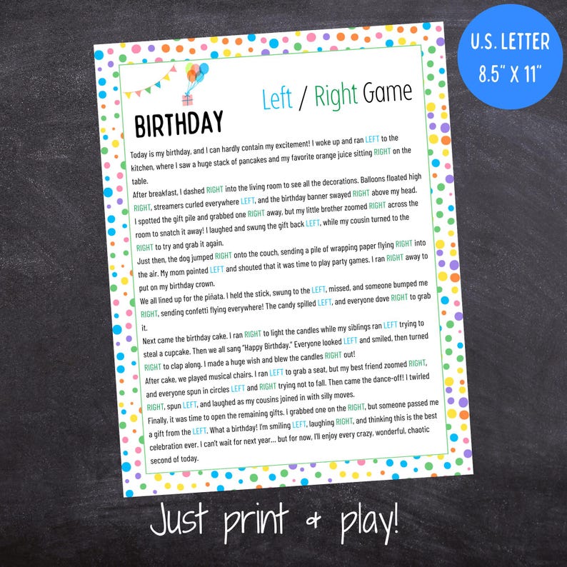 Birthday Left Right Game | Printable Pass the Prize Party Game for Kids ...