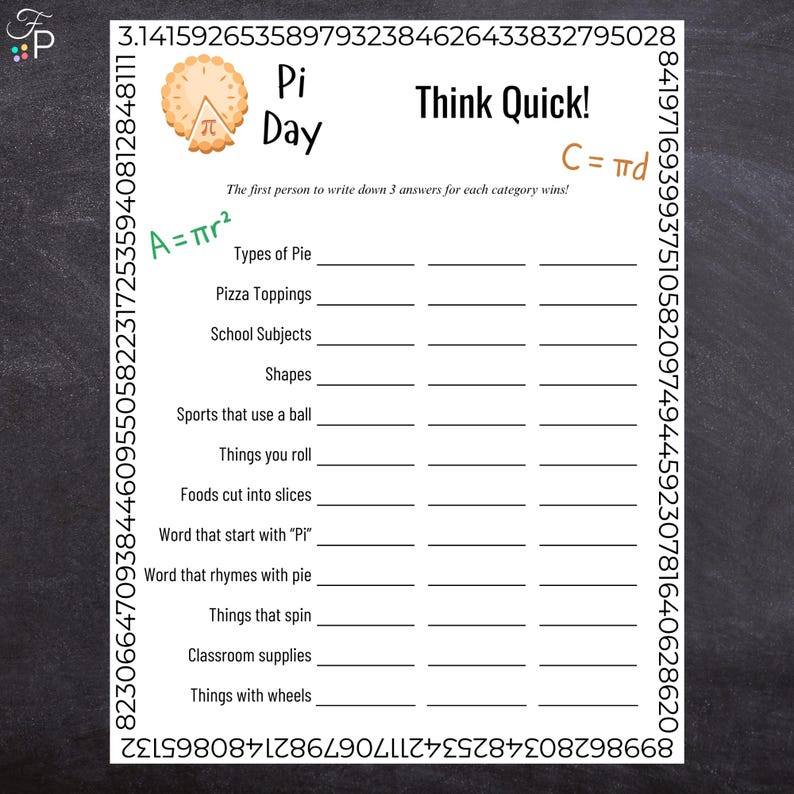 Pi Day Think Quick Game | Printable Pi Day Party Activity for Kids ...