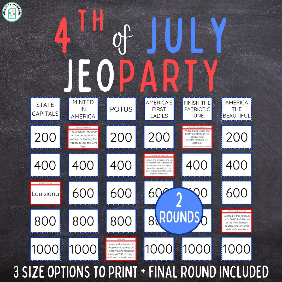 4th of July Jeoparty | Printable Fourth of July Game for Kids, Adults ...