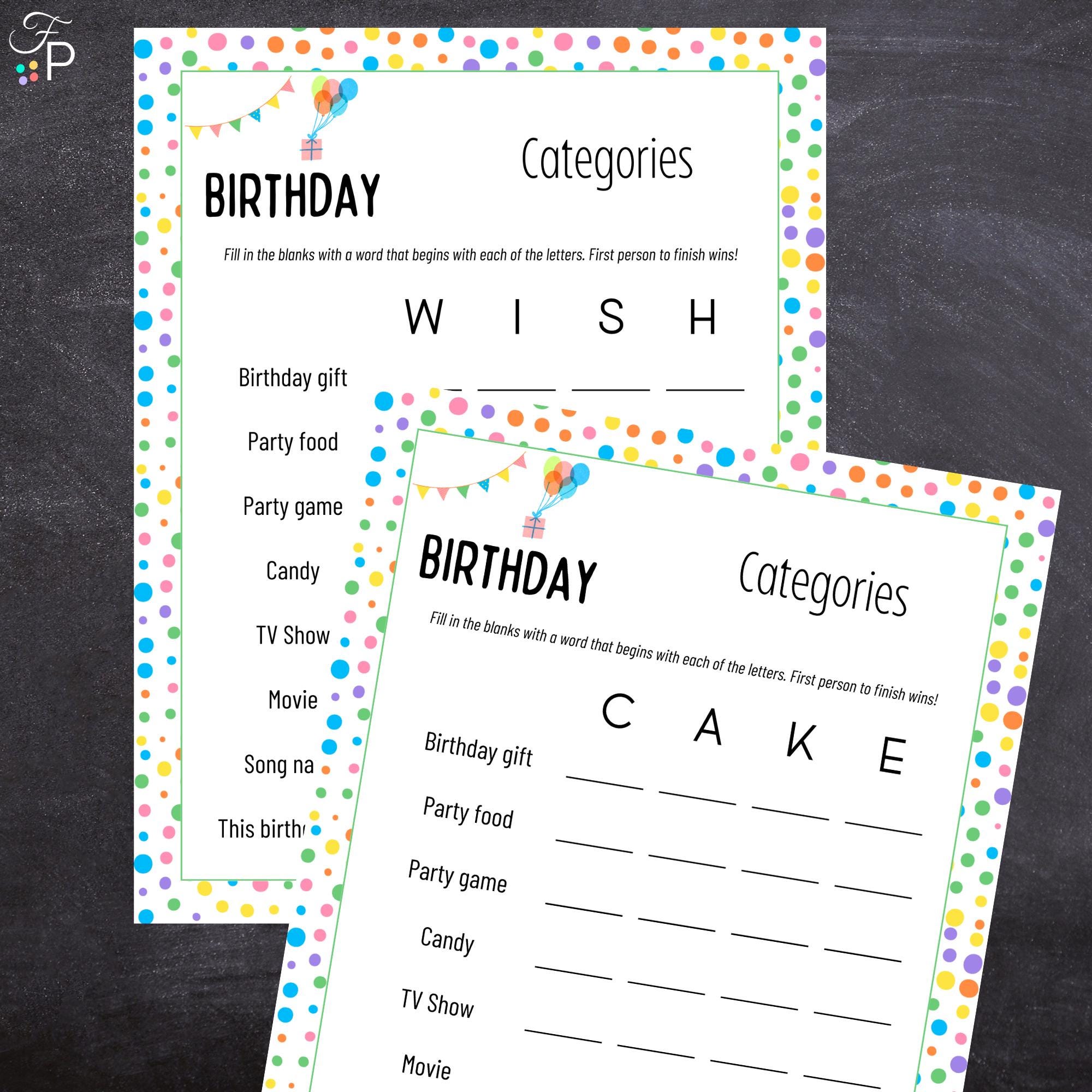 Birthday Categories Word Game | Printable Birthday Party Game | Fun ...