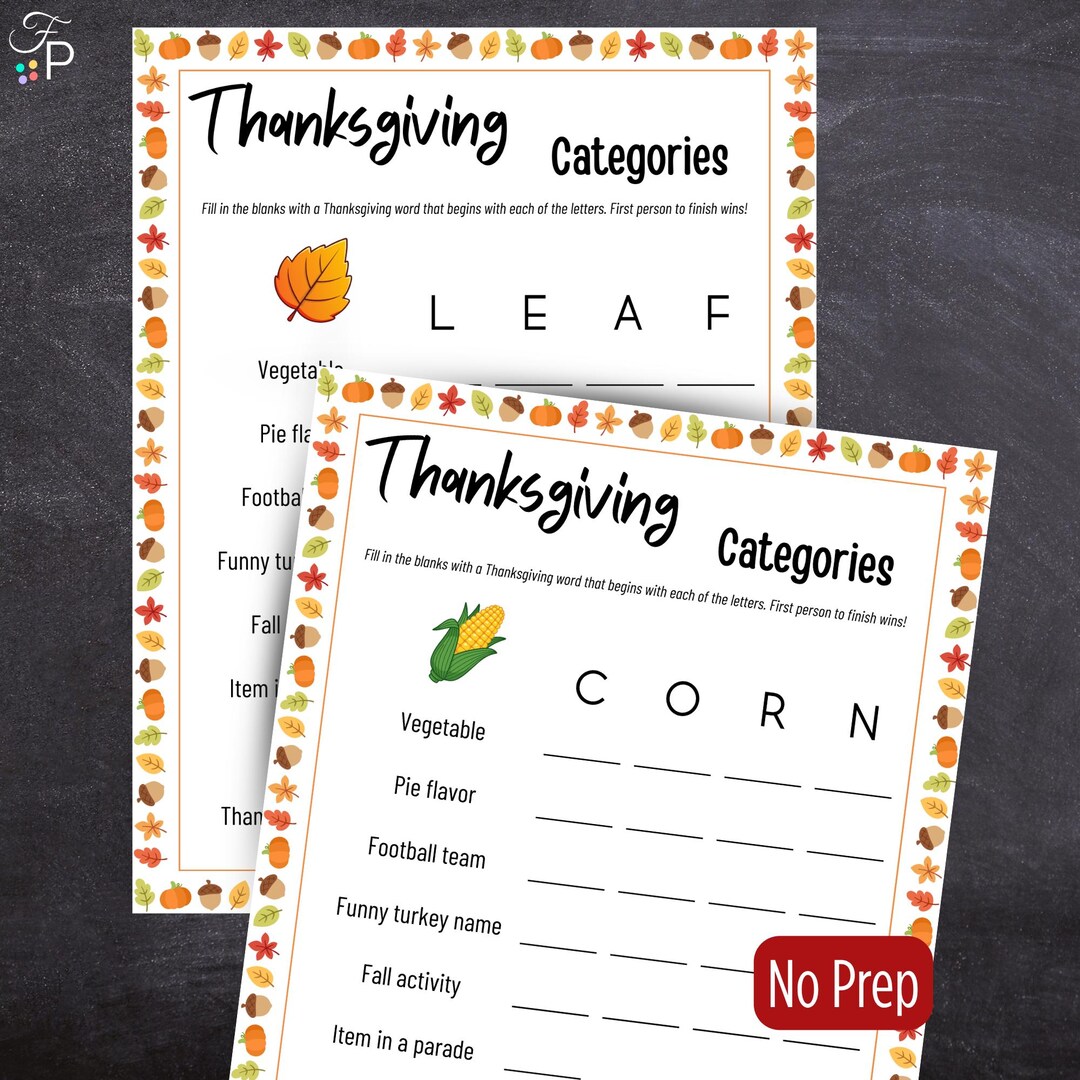 Thanksgiving Categories Game - No Prep Instant Fun for Kids Classroom ...