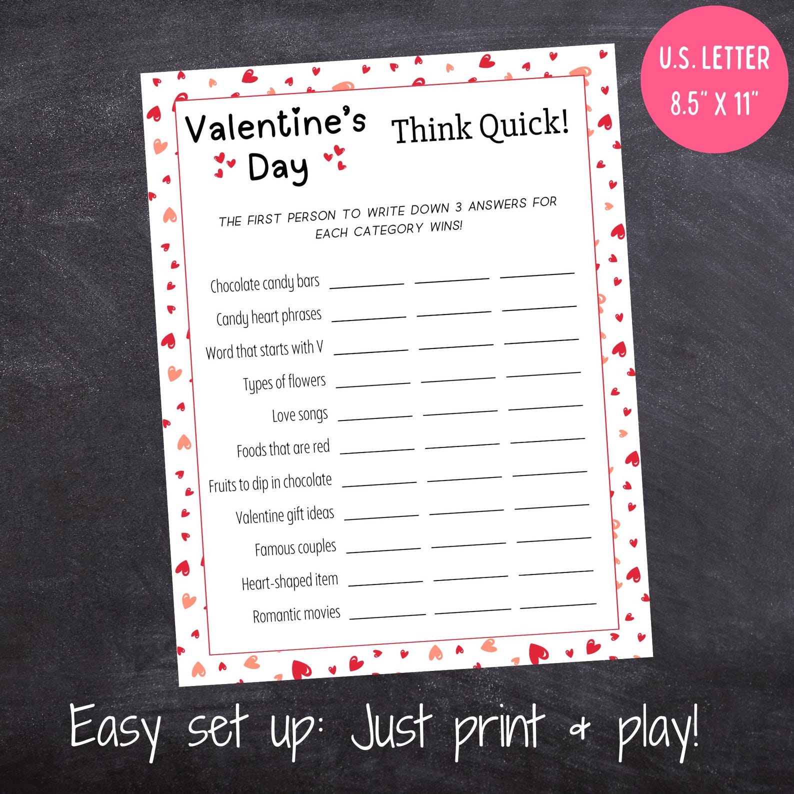 Valentine Think Quick Game | Printable Valentine Party Game for Groups ...