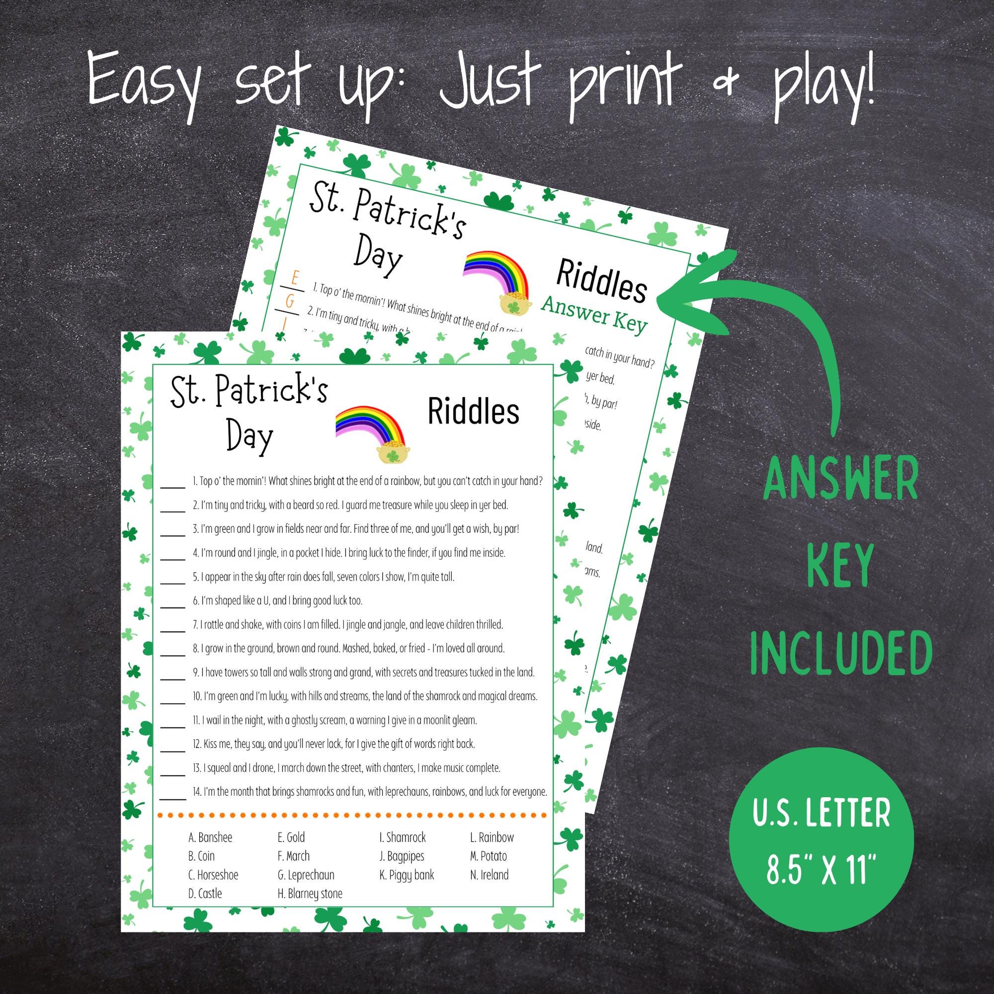 St Patrick's Day Riddles | Printable St. Patrick's Day Party Game for ...