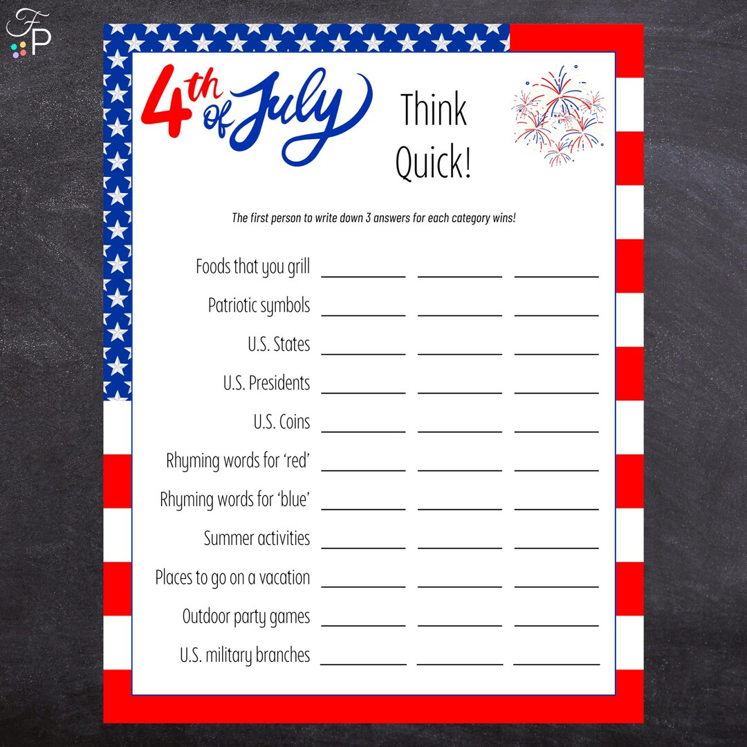4th of July Think Quick Game | Printable Fourth of July Game for Kids ...