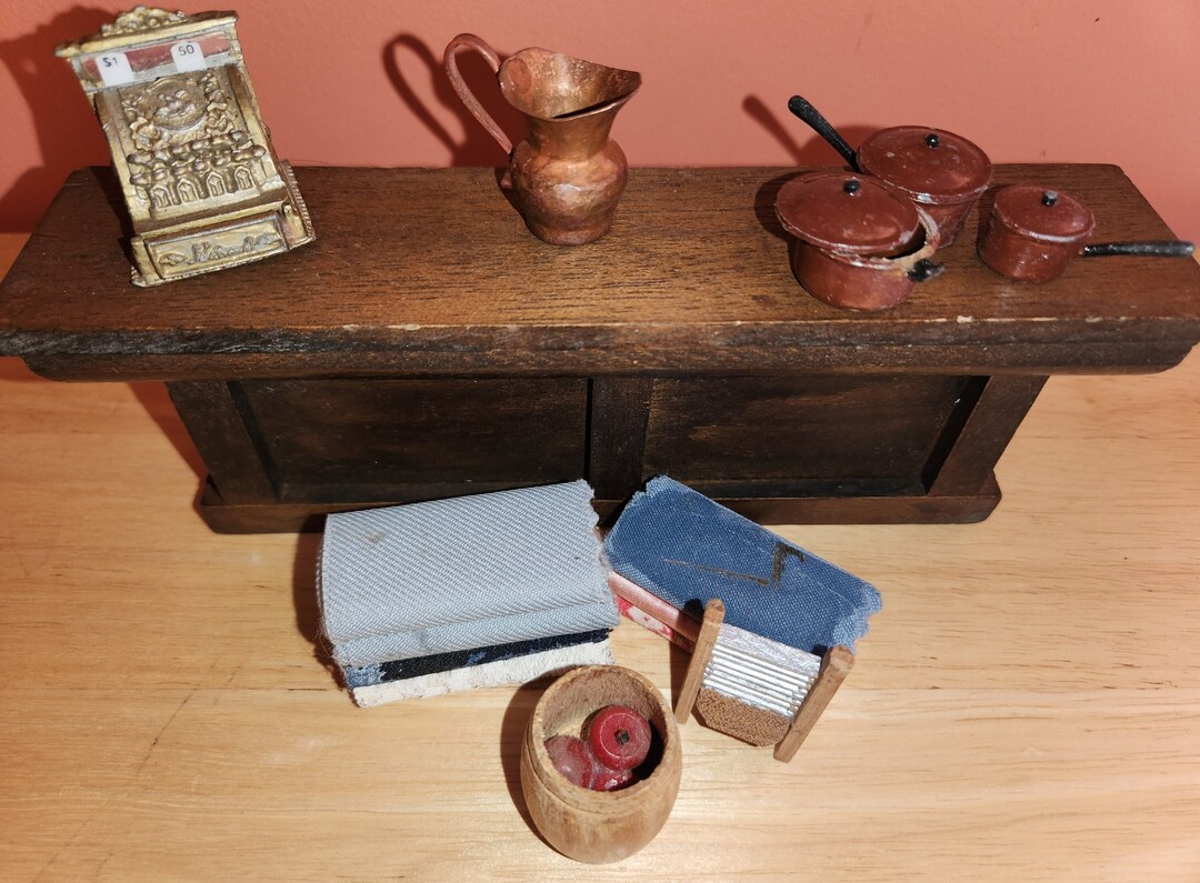 Vintage Dollhouse Miniature Country Store Theme Pots, Fabric, Bucket ...