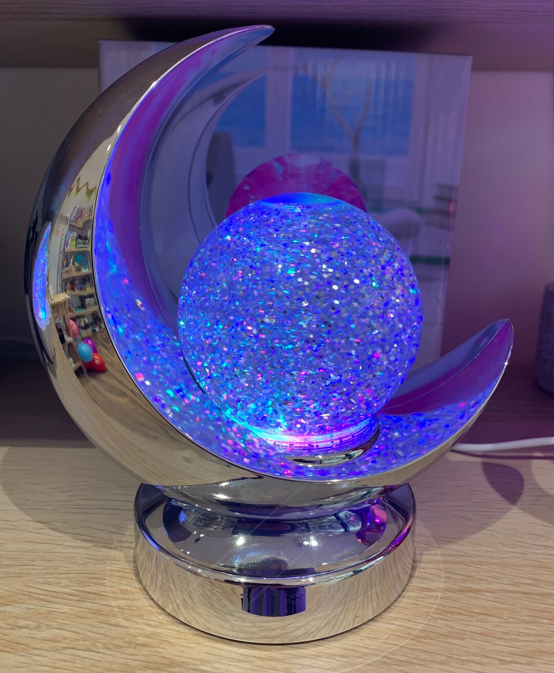 Silver Moon Lamp With Colour Changing Glitter Ball - Etsy UK