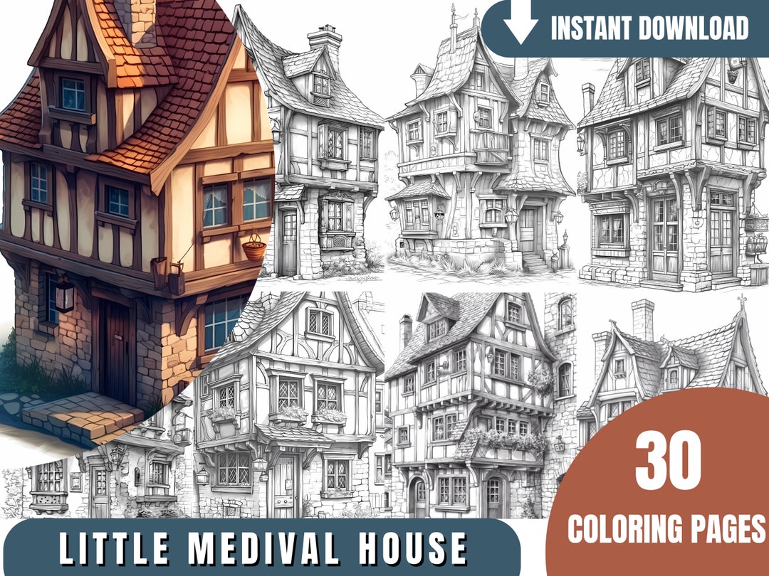 30 Small Medival Houses Coloring Book Adults and Kids - Etsy