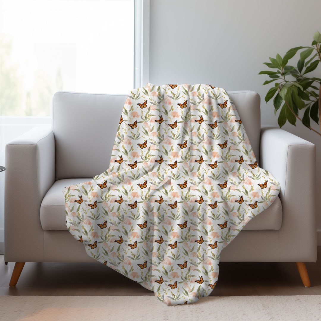 Monarch Butterfly Blanket: Watercolor Wildflower Throw, Cottagecore ...