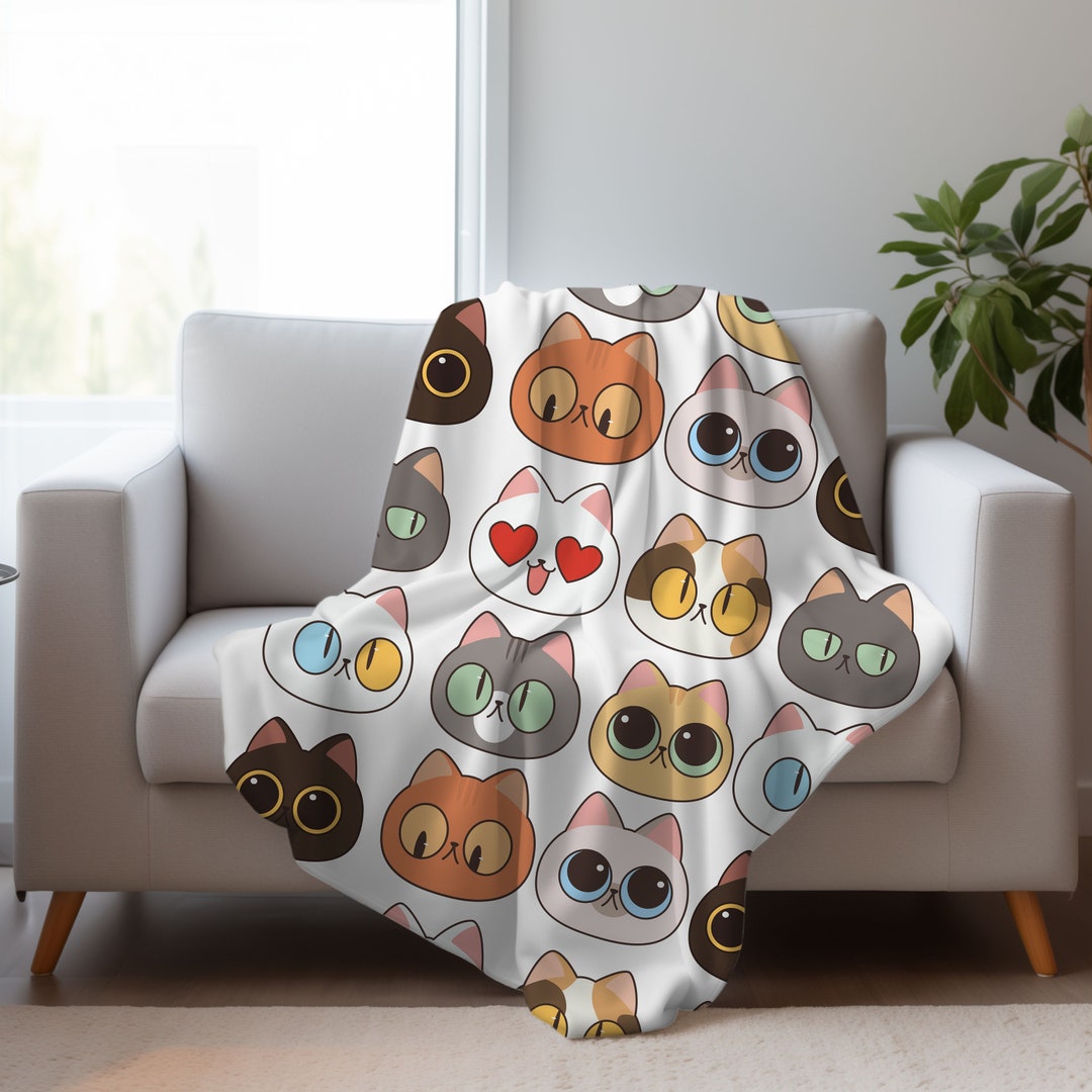 Cartoon Cat Faces Plush Blanket: Lightweight Throw, Cat Lover Gift - Etsy