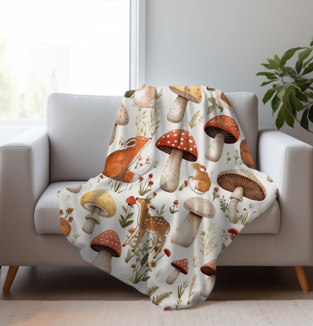 Cottagecore Mushroom Blanket: Forest Animals Velveteen Plush Throw - Etsy