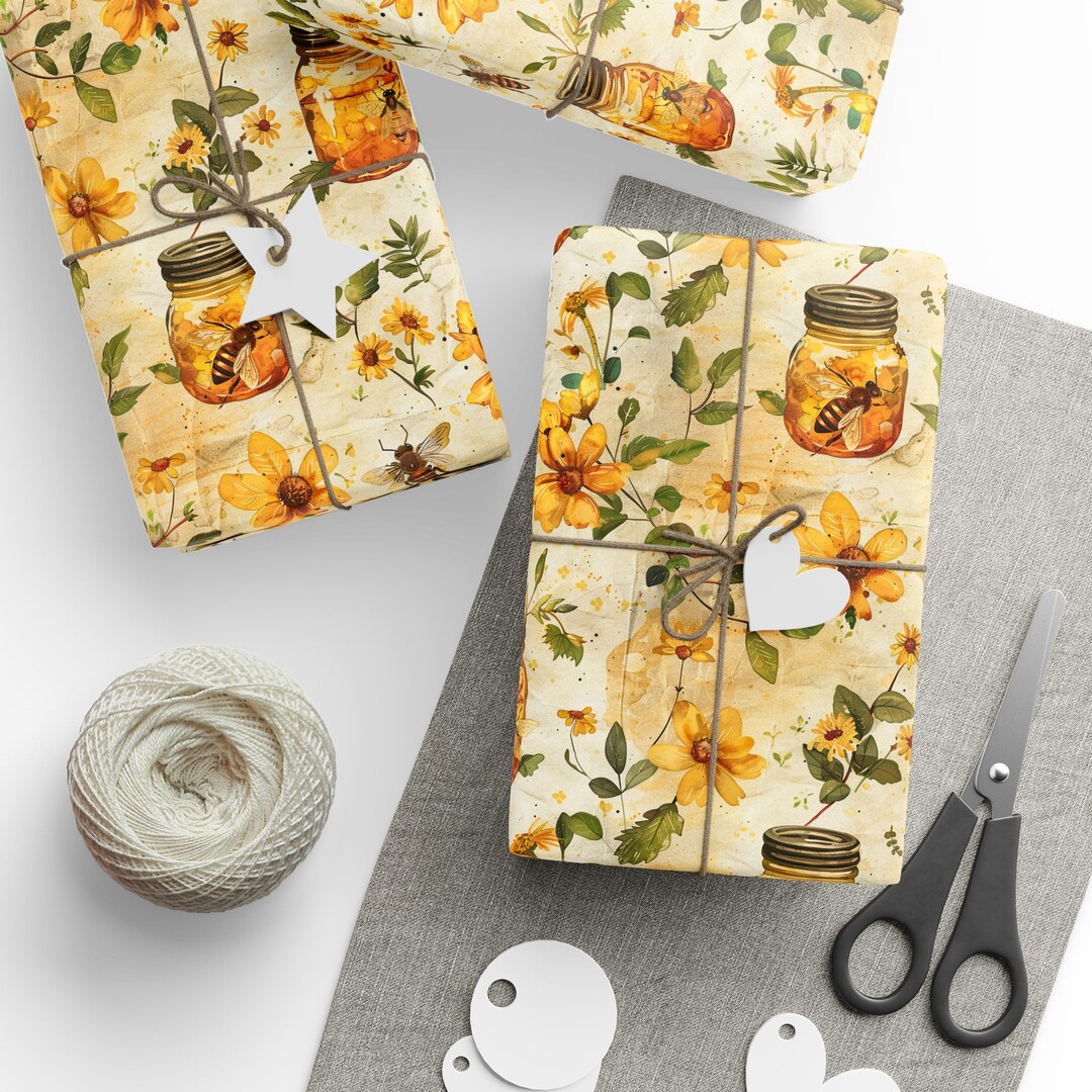 Cottage Core Honey Bee Floral Wrapping Paper. Matte/glossy Finish. 2 ...