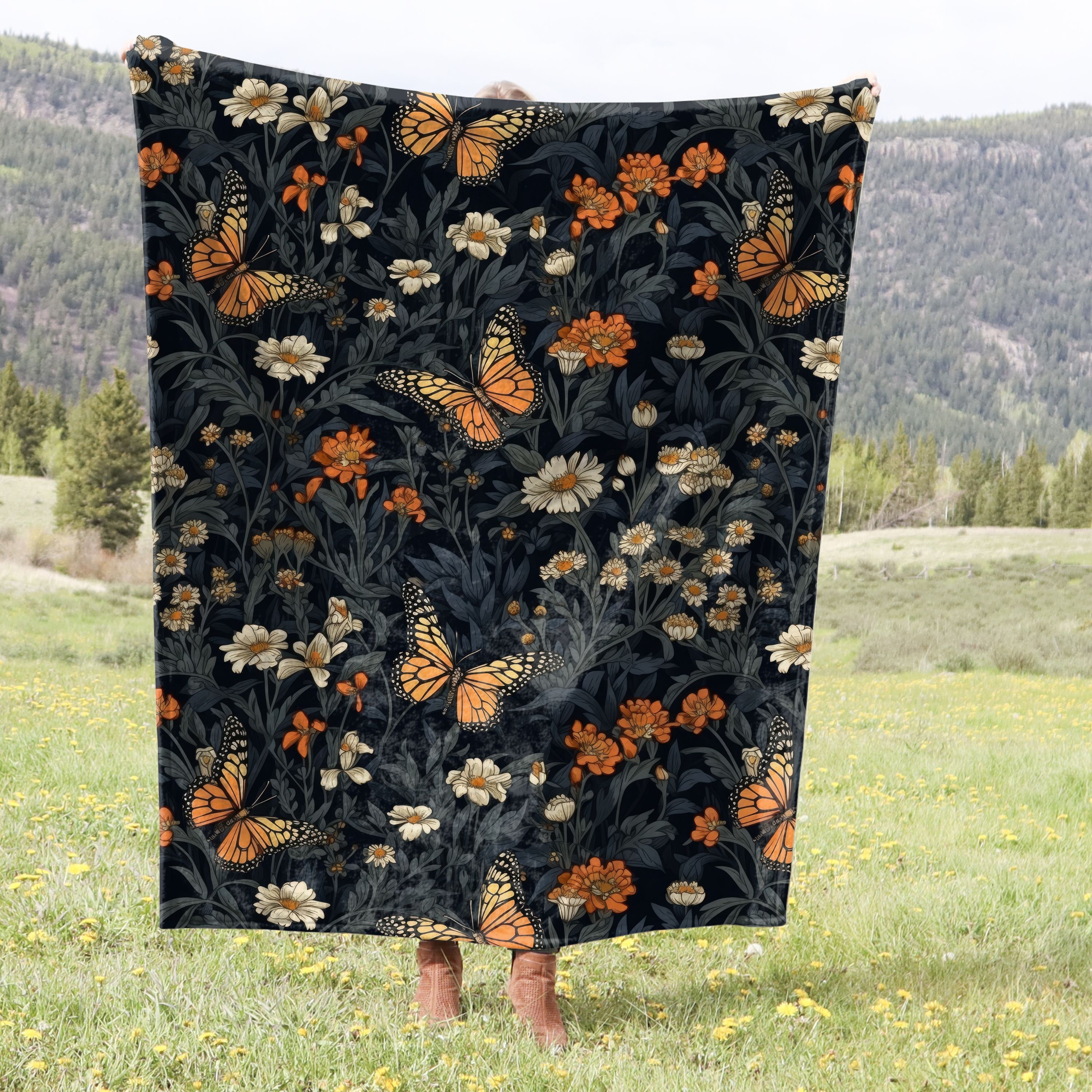 Monarch Butterfly Blanket: Cottagecore Floral Velveteen Plush Throw - Etsy