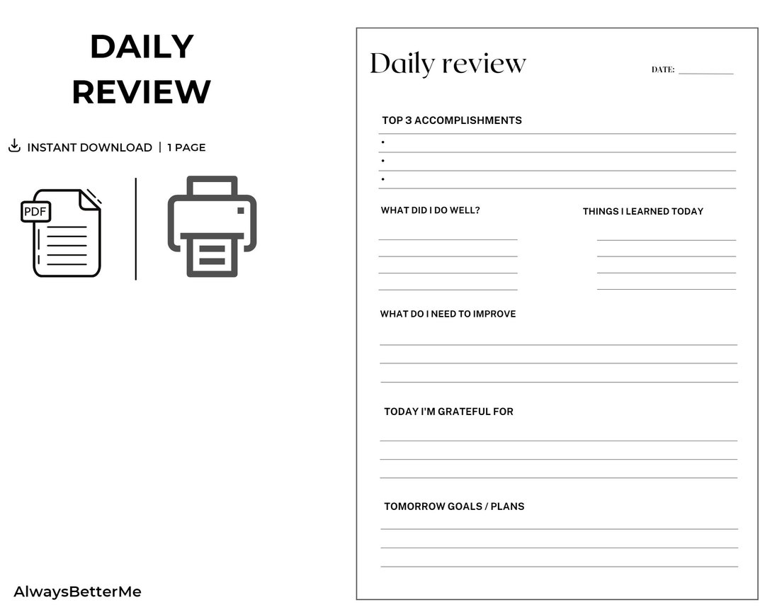Minimalistic Daily Review Printable, Daily Reflection, Printable Daily ...