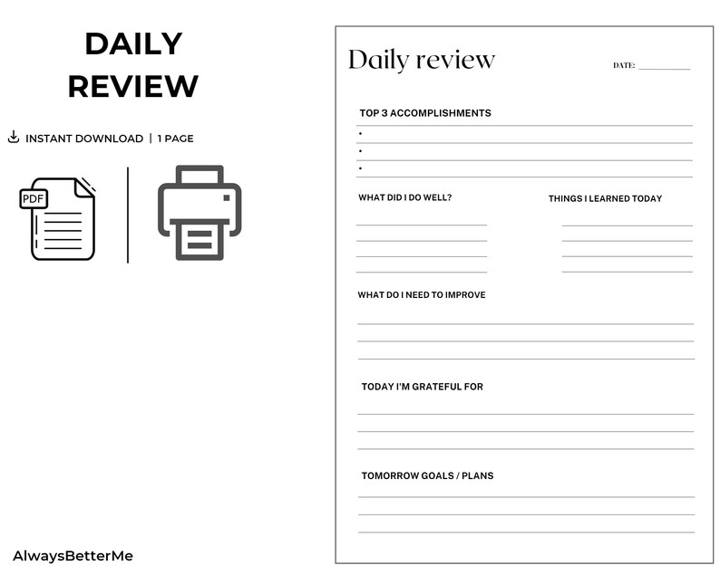 Minimalistic Daily Review Printable, Daily Reflection, Printable Daily ...