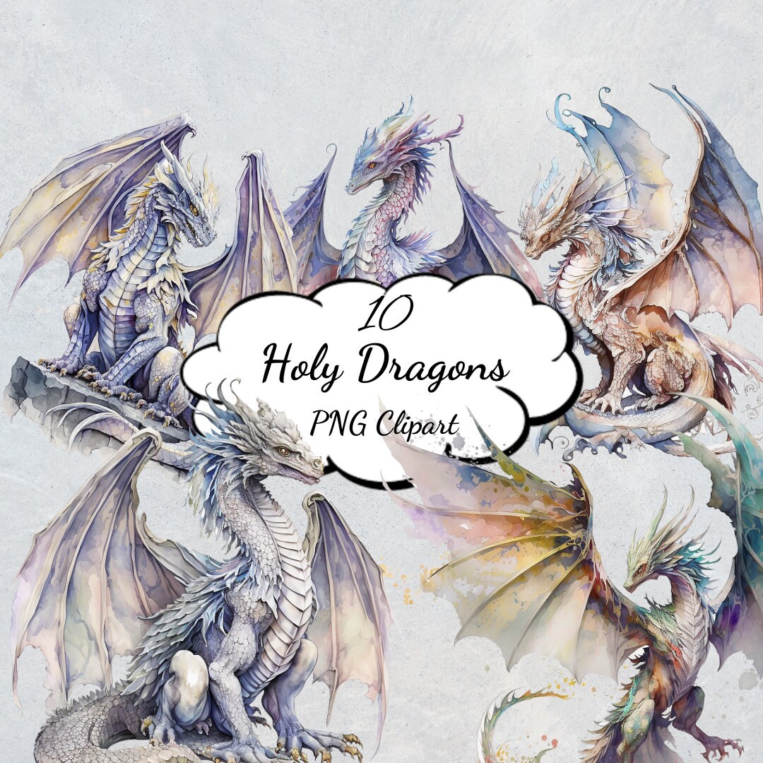 Watercolour Colourful Dragon Clipart Bundle 10x Angelic Holy Dragons ...