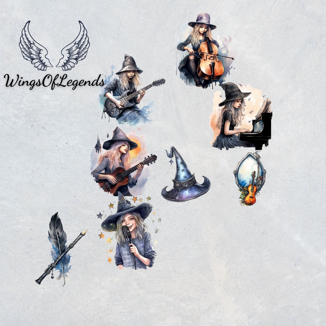 Musical Witch PNG Clipart Bundle Watercolor Printable Witches Graphics ...