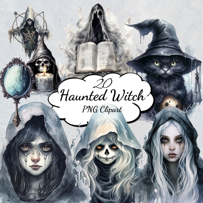 Haunted Witch PNG Clipart Bundle Watercolor Printable Scary Witches ...