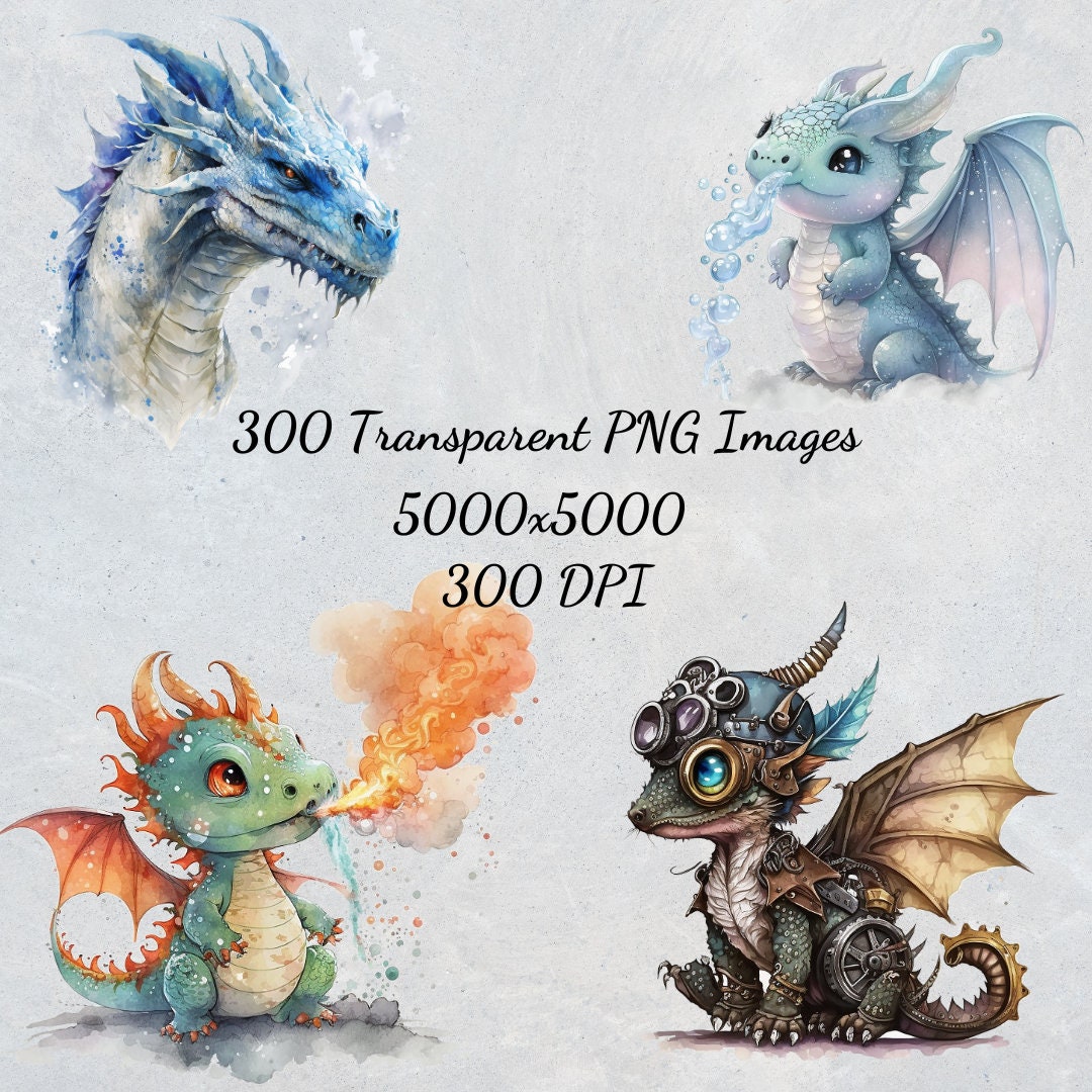 300 Dragon Clipart PNG Mega Pack Watercolour Baby & Adult Dragons for ...