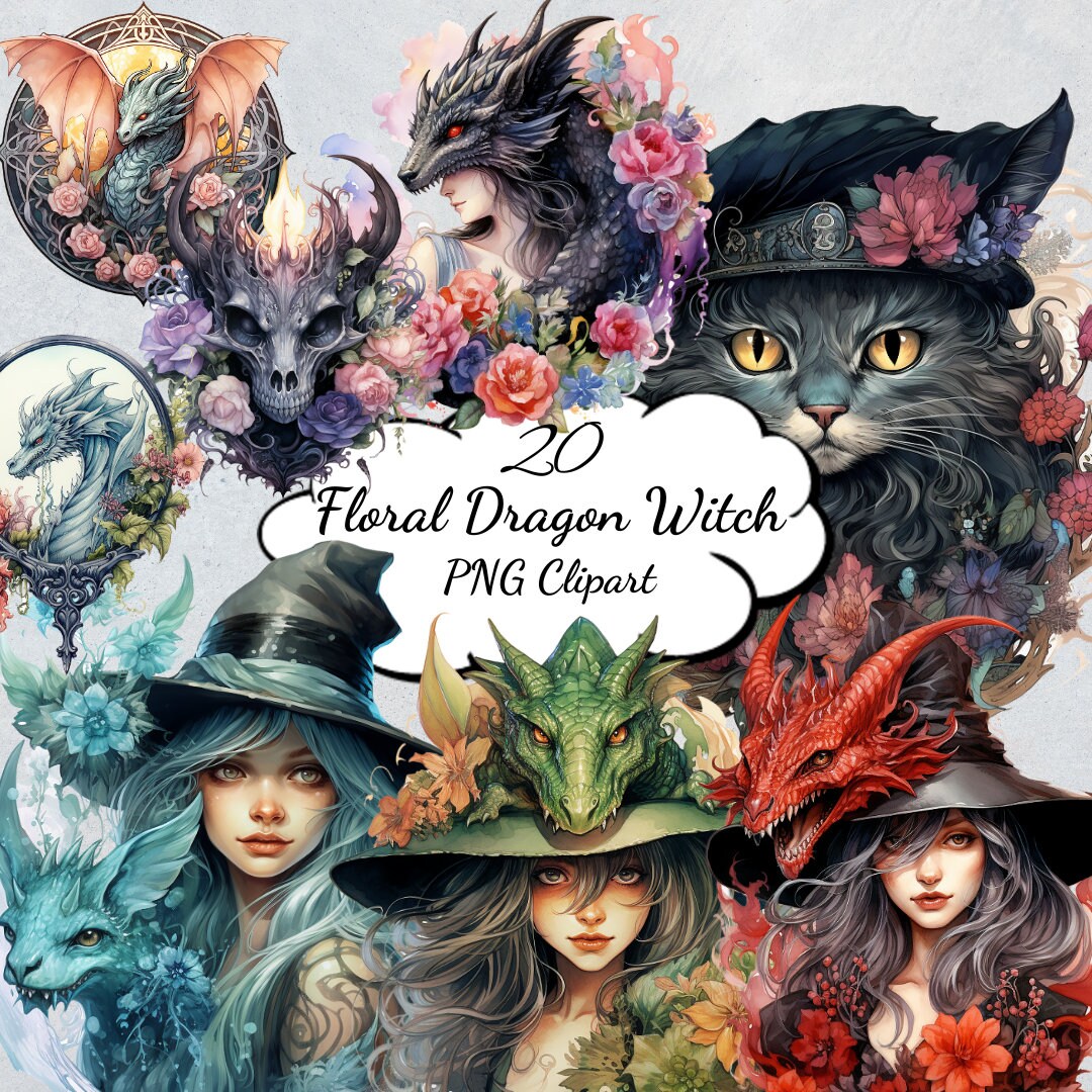 Floral Dragon Witch PNG Clipart Bundle Watercolor Printable Flower ...