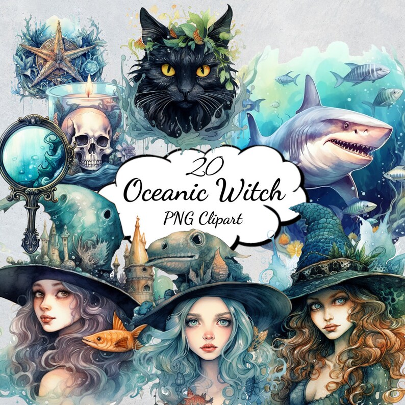 Oceanic Sea Witch PNG Clipart Bundle Watercolor Printable Witches ...