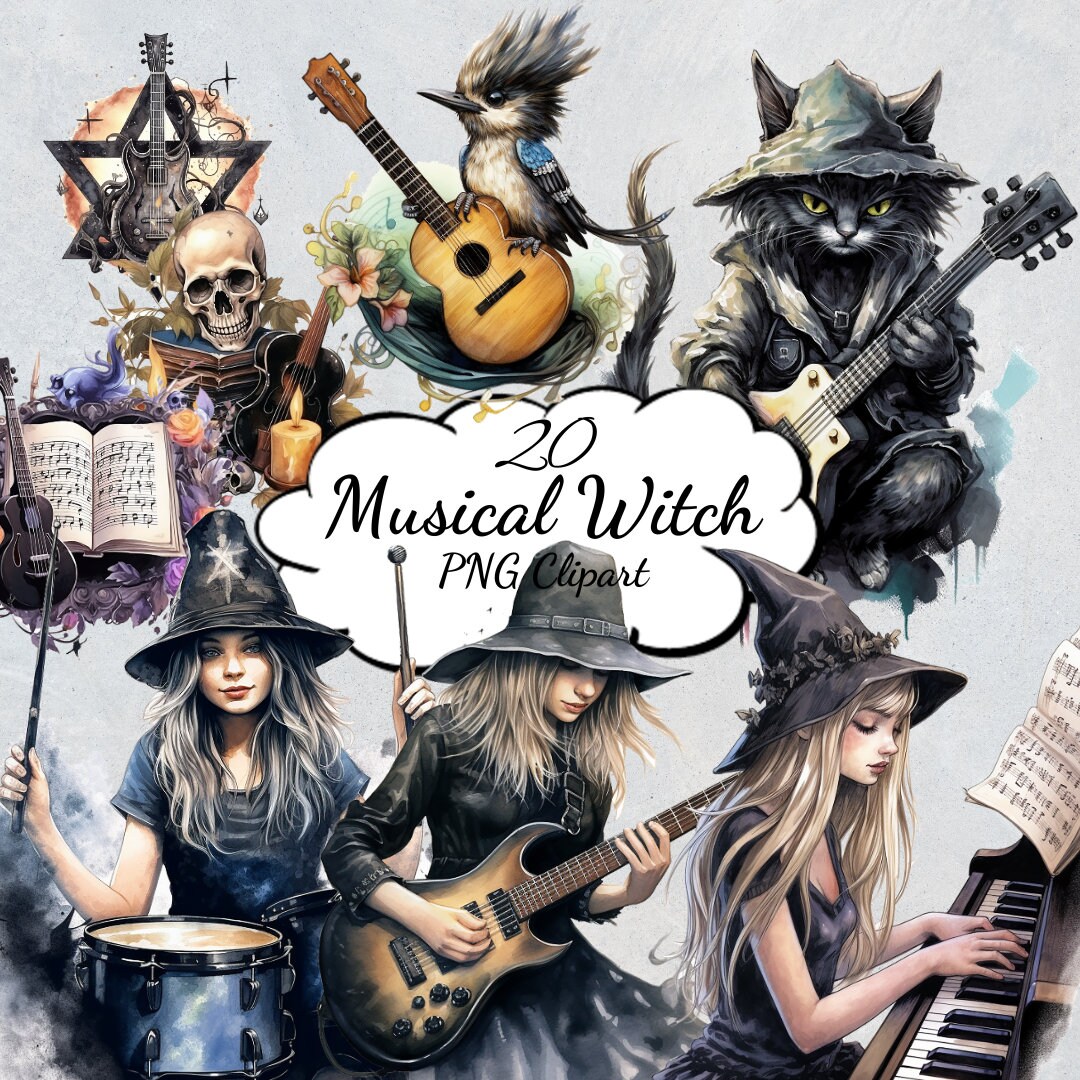 Musical Witch PNG Clipart Bundle Watercolor Printable Witches Graphics ...