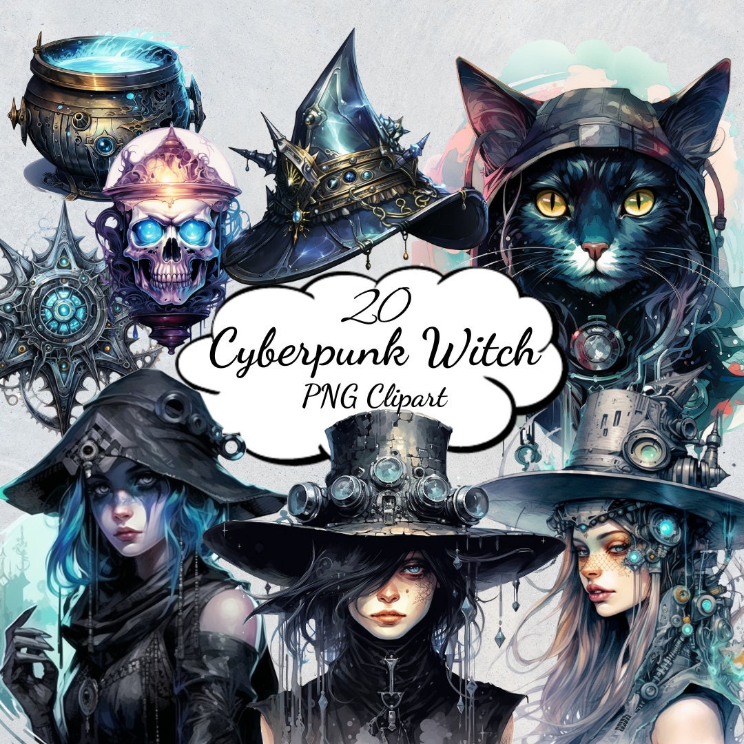 Cyberpunk Witch PNG Clipart Bundle Watercolor Printable Futuristic ...