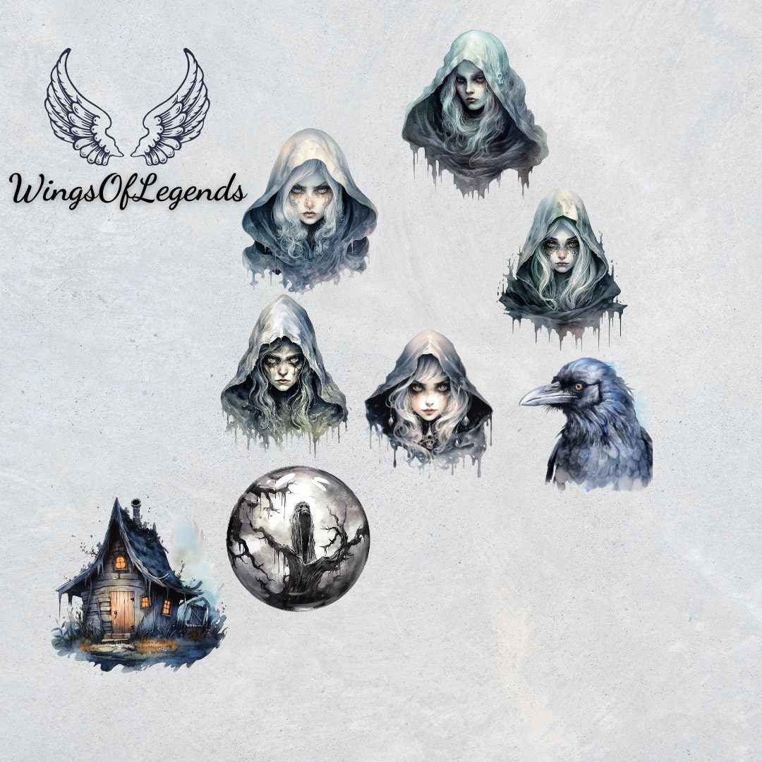 Haunted Witch PNG Clipart Bundle Watercolor Printable Scary Witches ...