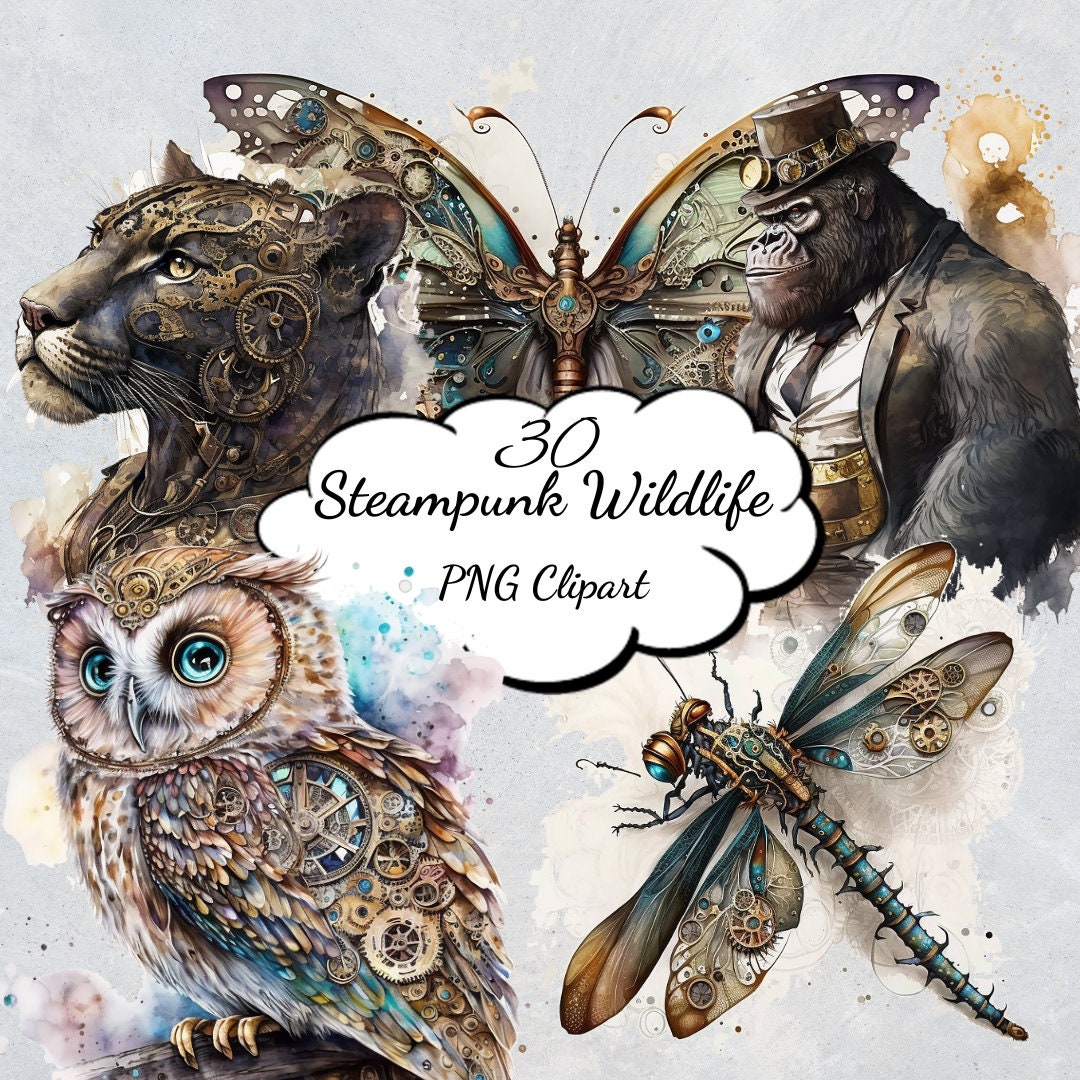 Steampunk Animal Clipart PNG, Watercolor Zoo Safari Animals Wall Art ...